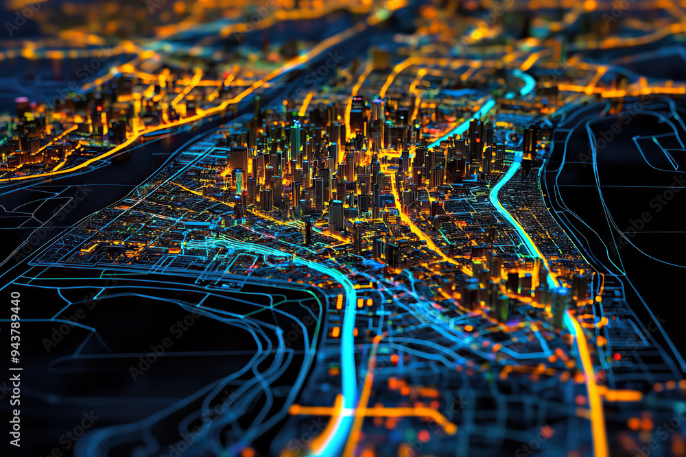 Technical aerial visual, 3D LiDAR GIS aerial map satellite scan model ...