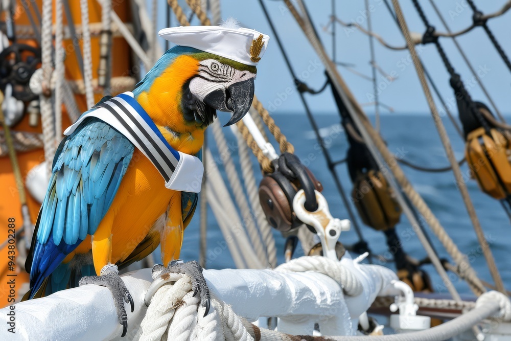 A blue and yellow parrot, wearing a sailor hat and uniform, perches on ...