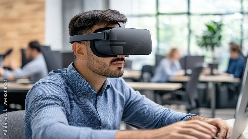 In a contemporary office space, a man wears a VR headset, deeply ...