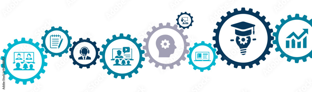 E-Learning Technology banner vector illustration with the icons of ...