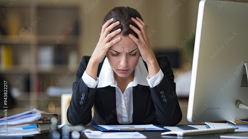 Stressed businesswoman sitting at a table, showing visible signs of ...