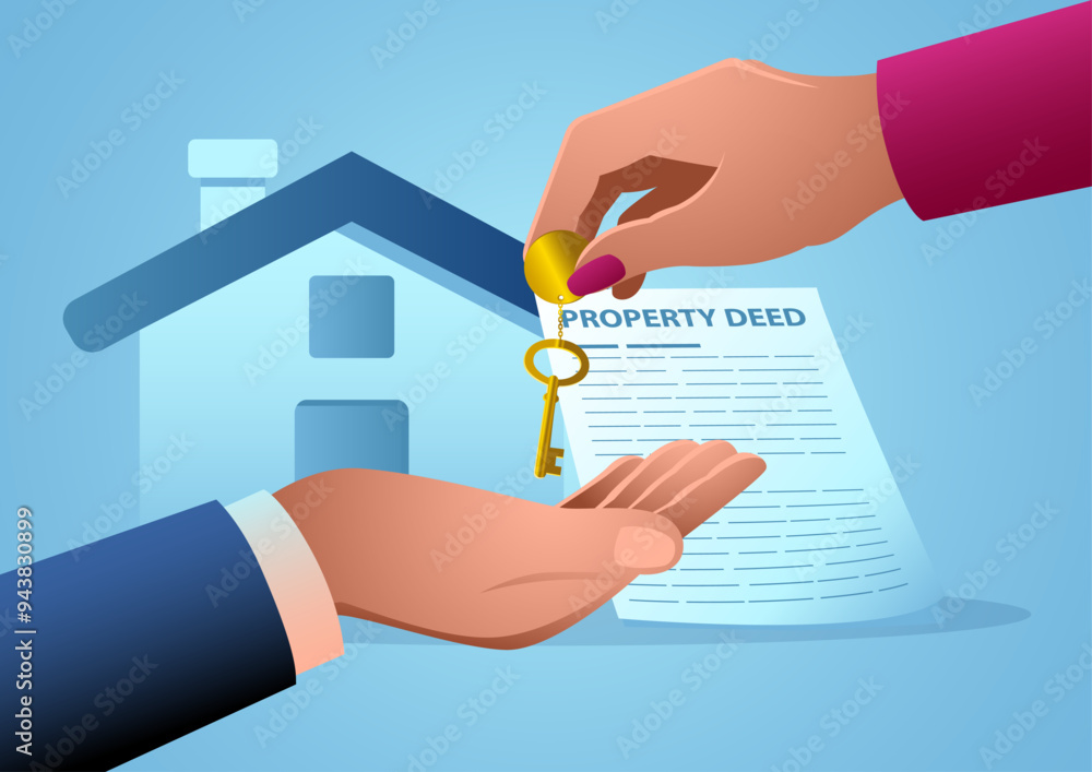 Hand giving a golden house key to another hand, with a house icon and ...