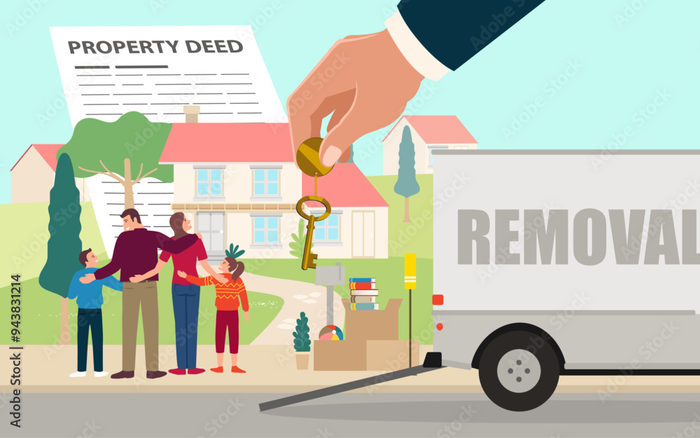 Simple flat cartoon illustration of a joyful family moving into a new ...