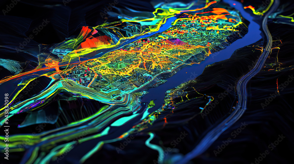 Technical aerial visual, 3D LiDAR GIS aerial map satellite scan model ...