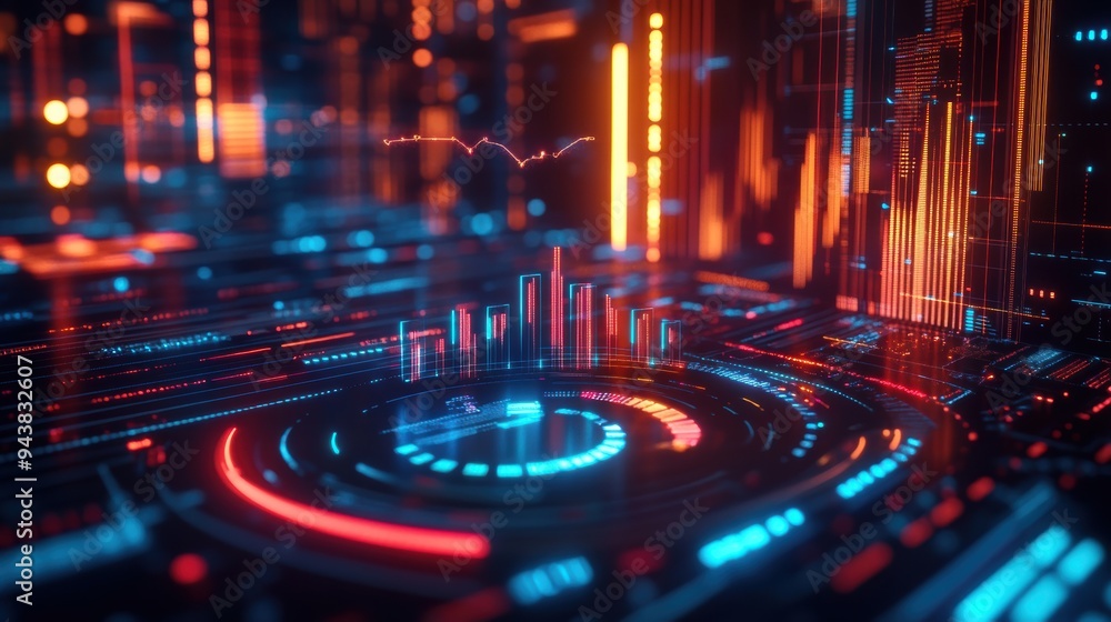 Complex data visualized through layered 3D bar charts and pie graphs ...