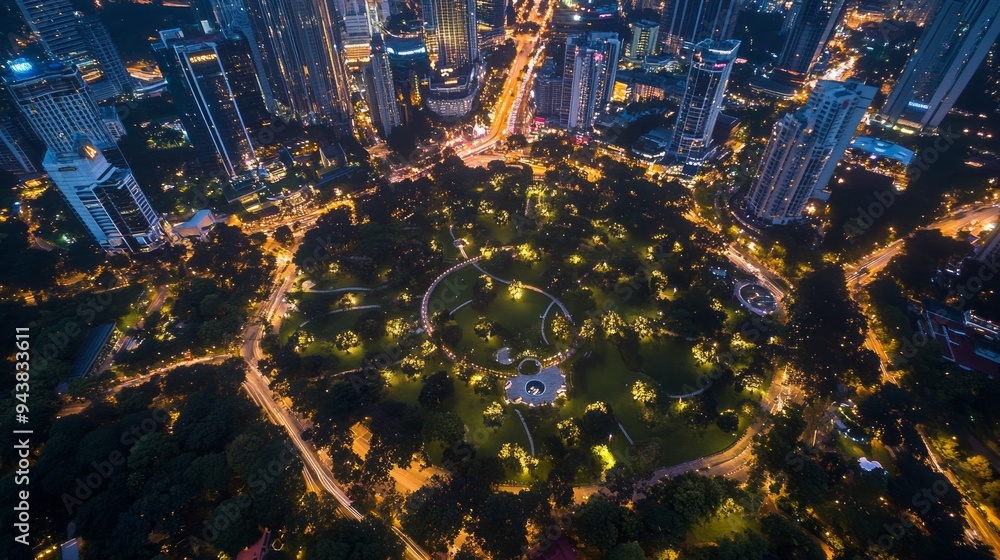 Night aerial view of the KLCC Park in Kuala Lumpur, Malaysia. The urban ...