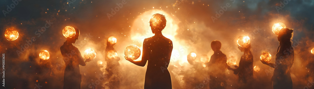 People with Glowing Orbs and Joyful Expressions concept as A group of ...