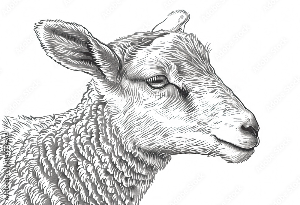 Sheep, lamb. Vintage retro print, black white sheep lamb sketch ink ...