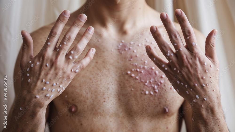 Symptoms of monkeypox virus infection. African of a person showing his ...