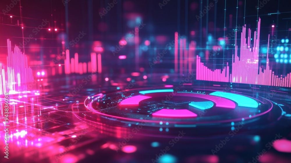 Multi-layered 3D pie charts and bar graphs in a neon, futuristic ...