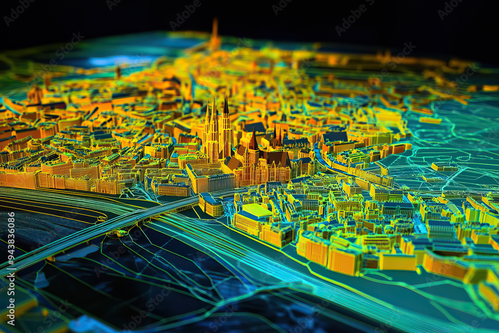Technical aerial visual, 3D LiDAR GIS aerial map satellite scan model ...