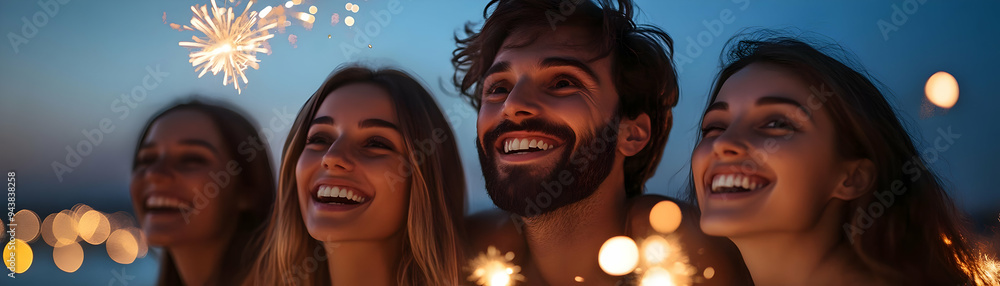 People with Sparkling Fireworks and Happy Smiles concept as A group of ...
