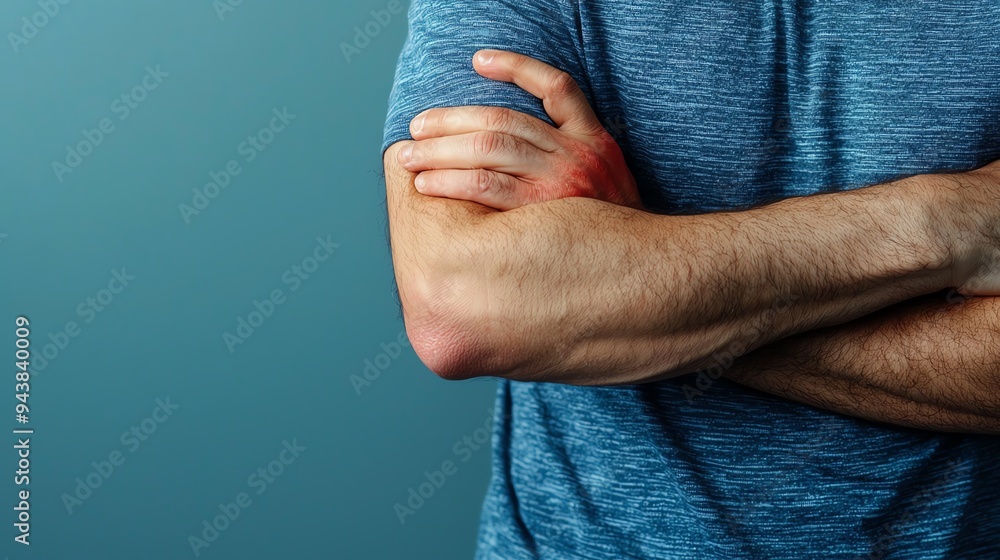 Macro view of a person stretching a sore arm, showing the constant ache ...