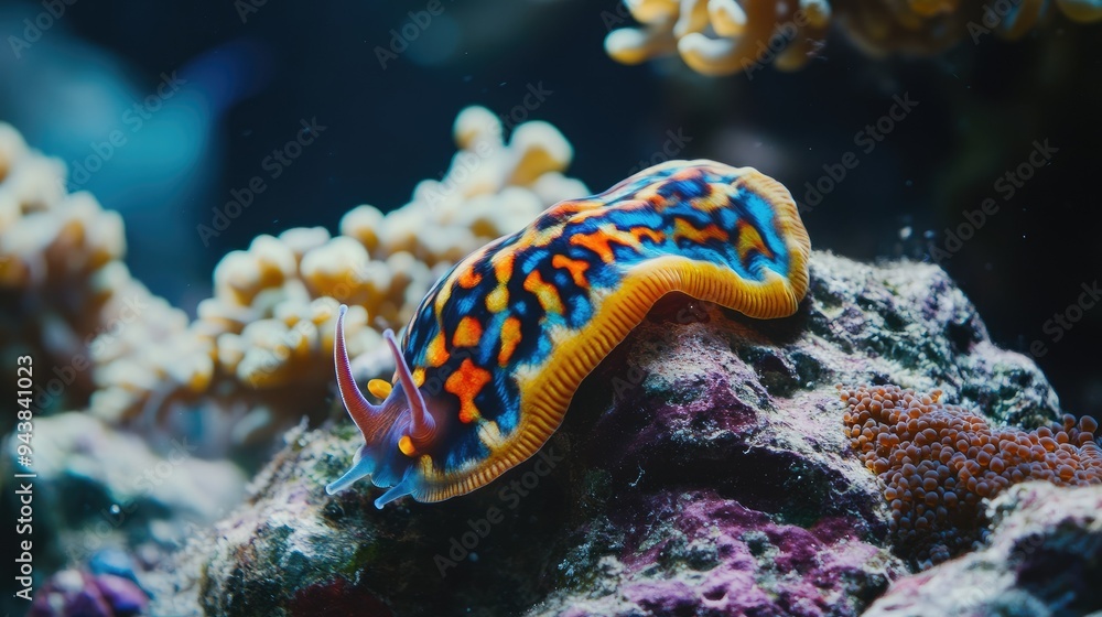 A solitary sea slug gliding over a rock, its vibrant colors and ...