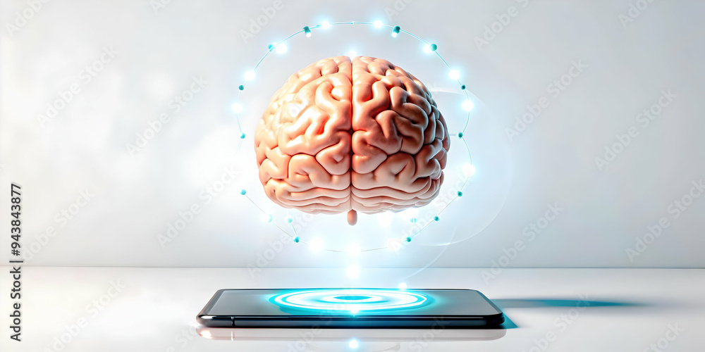 Flat Floating digital brain with neural interfaces on an isolated white background concept as A ...