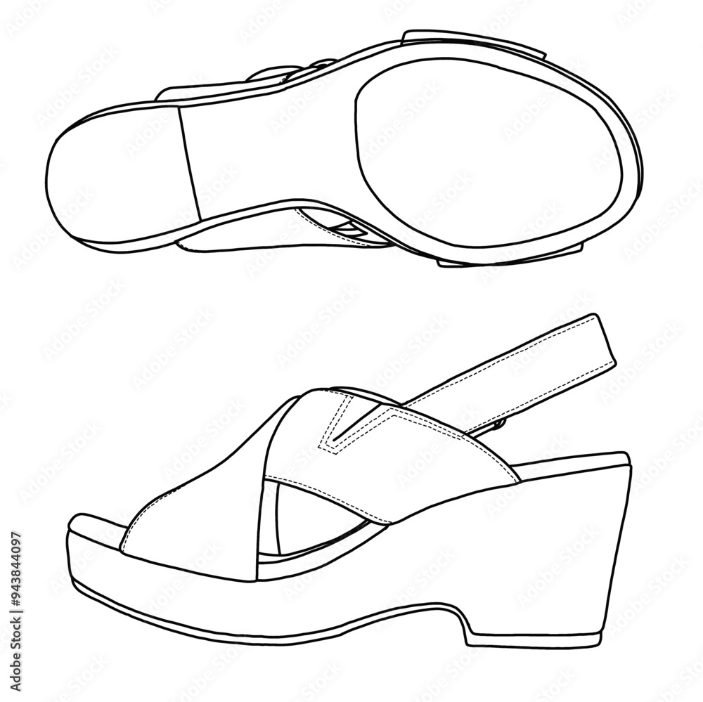 Women's Wedges Sandals Line art,Technical sketch hand drawing outline ...