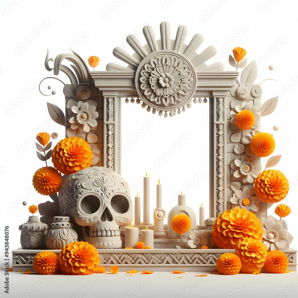 3D Ofrenda and Marigold Flower Border with Copy Space concept as A ...