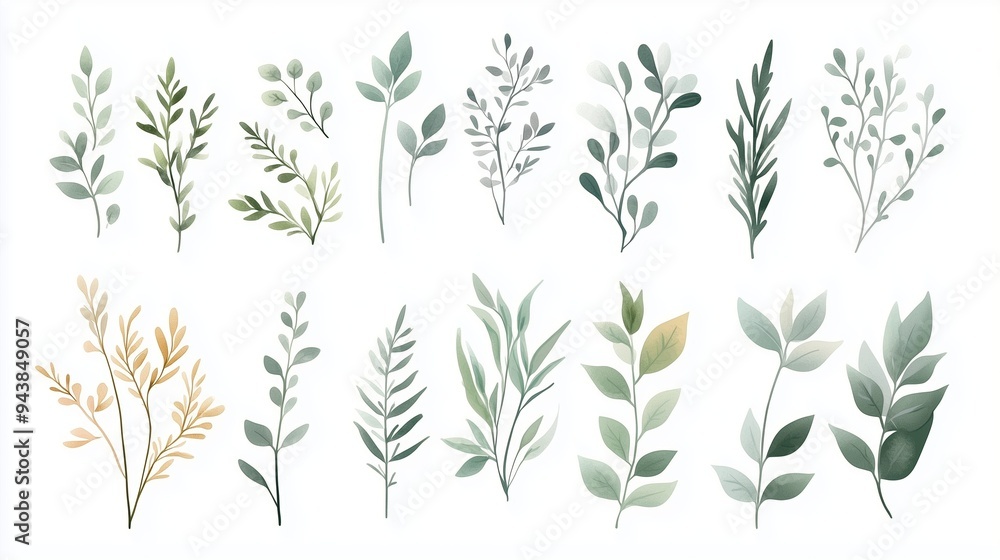 Watercolor hand-drawn illustration of various greenery elements set ...