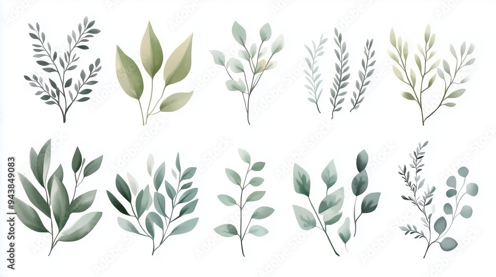 Watercolor hand-drawn illustration of various greenery elements set ...