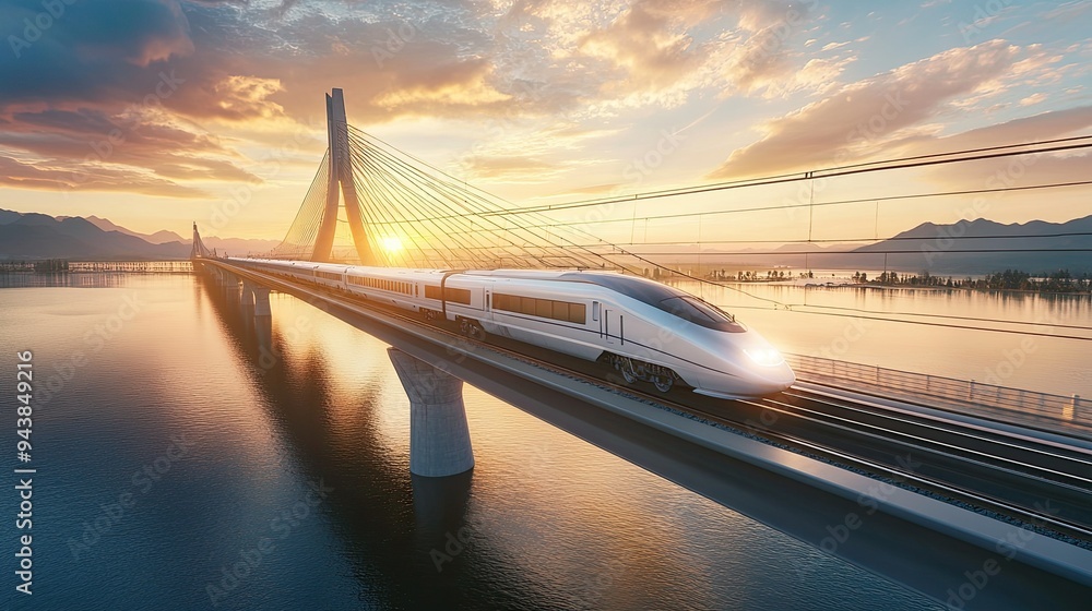 A high-speed train crossing a state-of-the-art suspension bridge, with ...