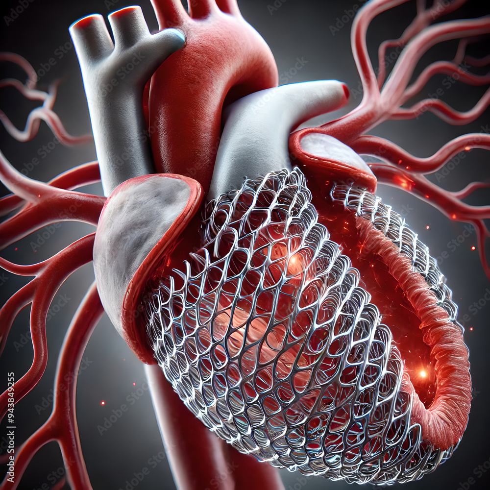 Heart post-angioplasty, showcasing placement stents within coronary ...