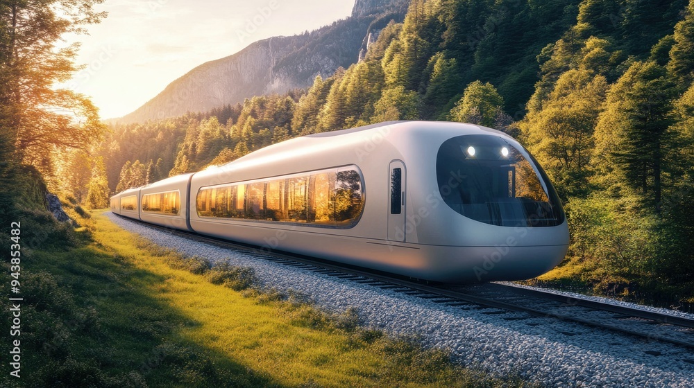 A modern train powered by hydrogen fuel cells, traveling through a ...
