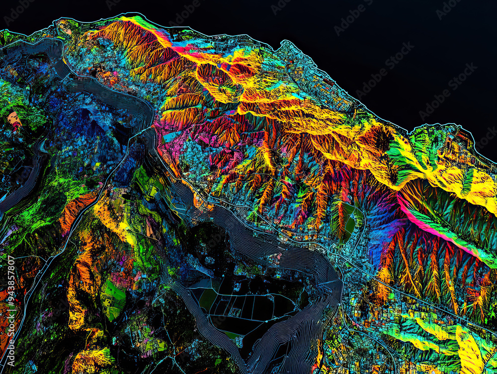 Technical aerial visual, 3D LiDAR GIS aerial map satellite scan model ...