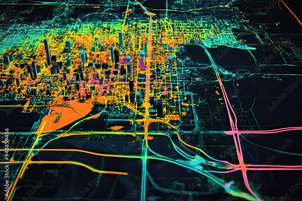 Technical aerial visual, 3D LiDAR GIS aerial map satellite scan model ...