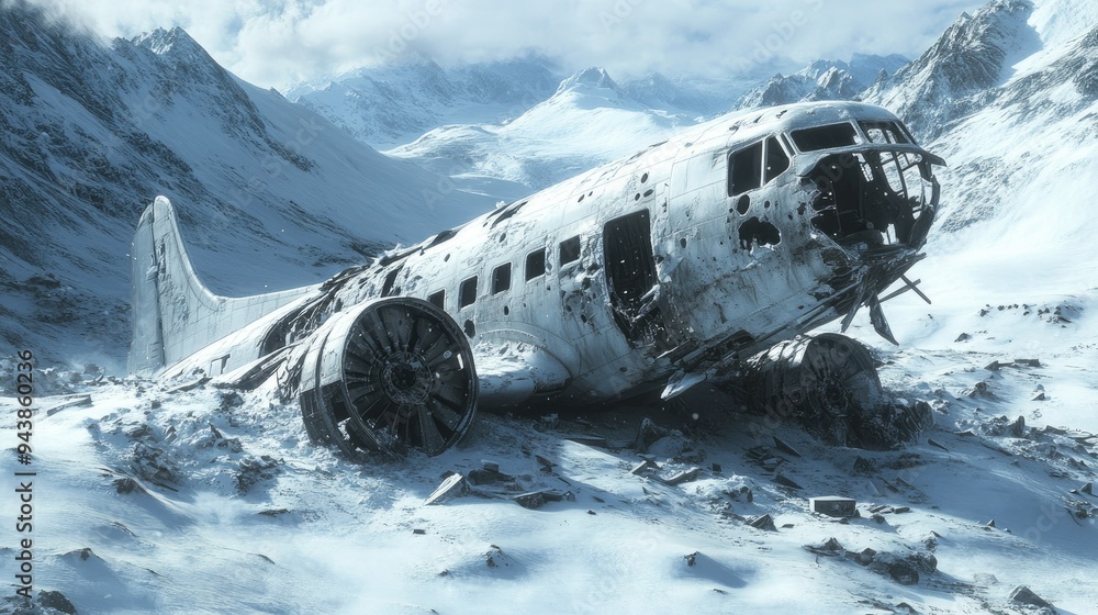 Snow-covered terrain with a plane wreck partially visible. The scene is ...