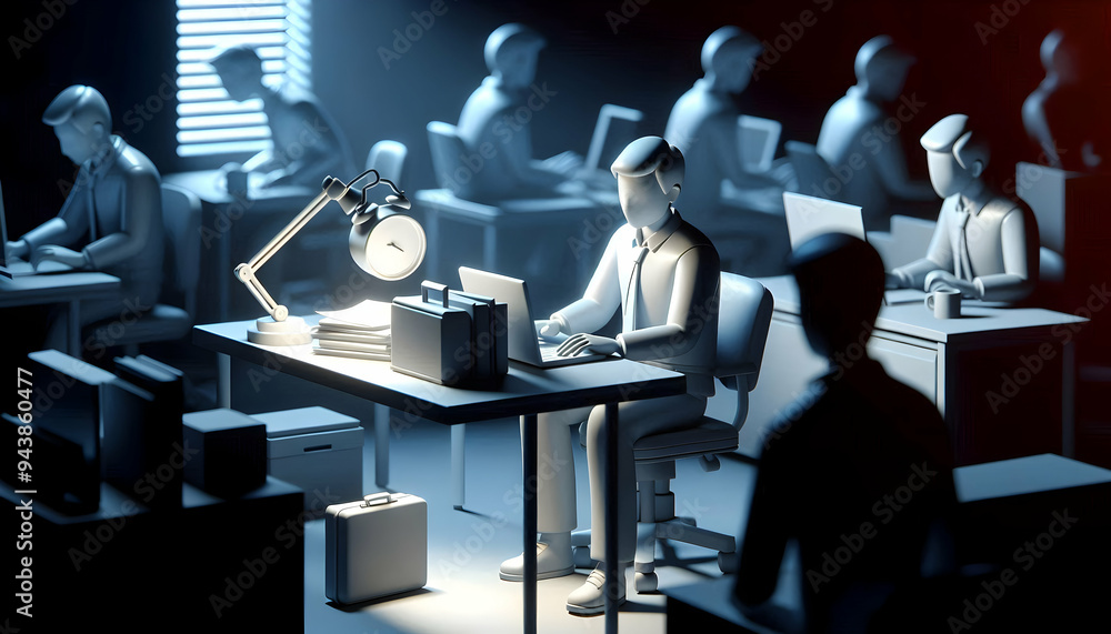 3D Employee working late in a dimly lit office focused on tasks concept ...