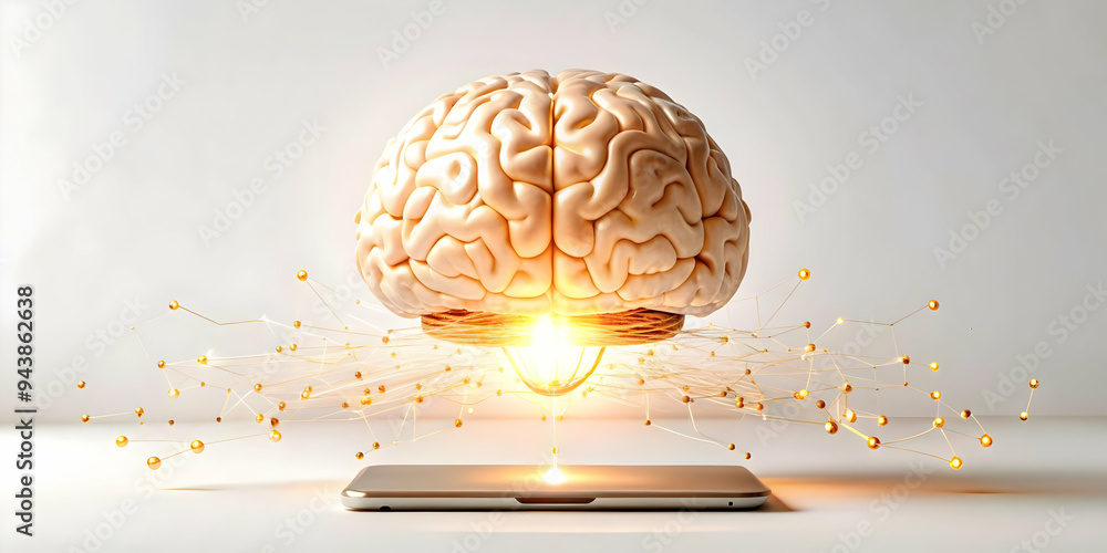 Flat Floating digital brain with neural interfaces on an isolated white background concept as A ...