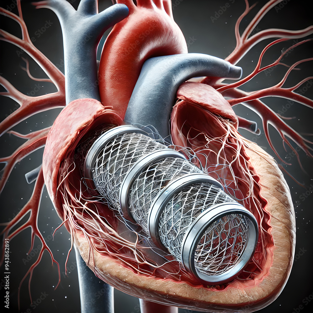 Heart post-angioplasty, showcasing placement stents within coronary ...