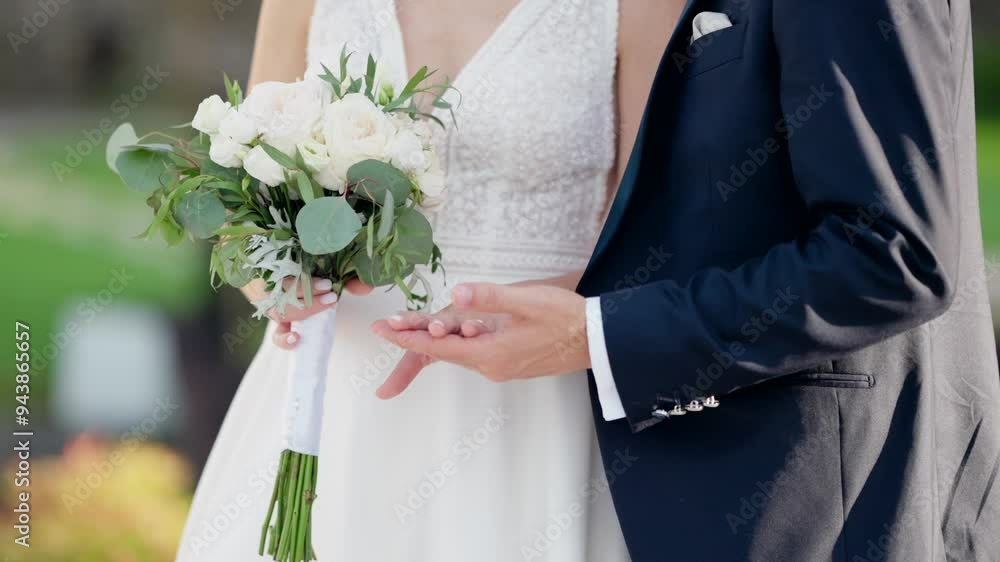 bride and groom holding hands, bride holding bouquet, intimate wedding ...