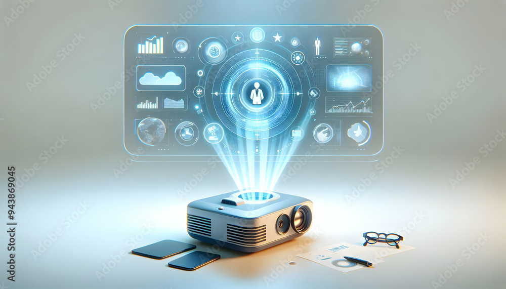 Flat Projector displaying holographic presentation slides concept as A ...