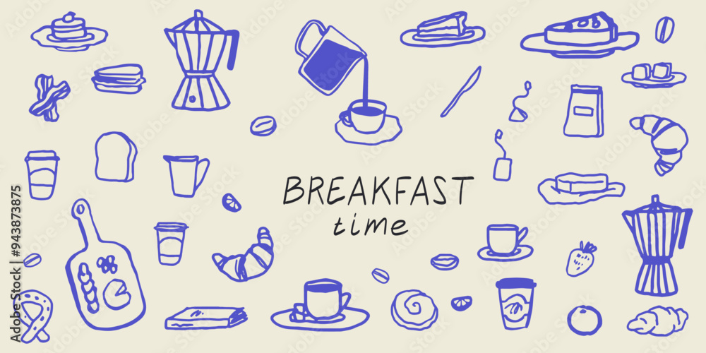 Hand draw la dolce vita breakfast doodles. Vector illustration of food and coffee icons in chalk ...