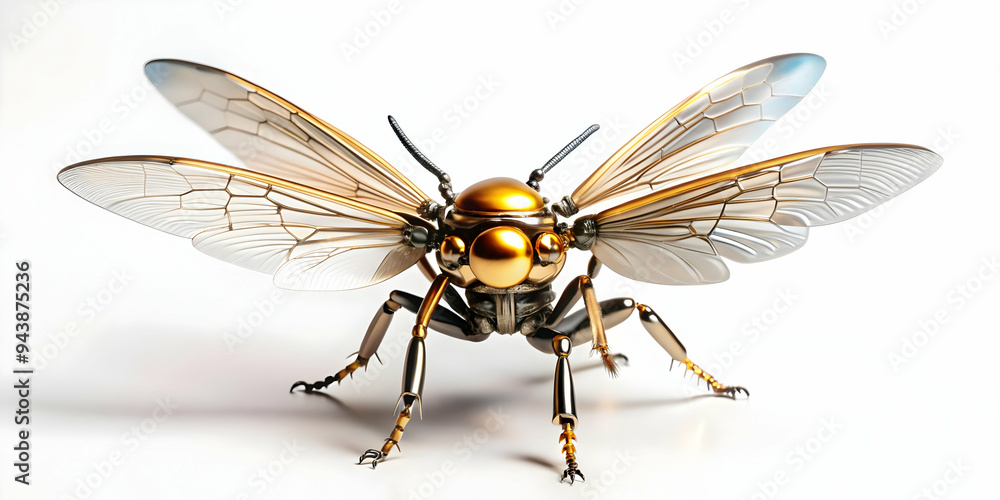 Flat Hovering robotic insect with metallic wings on an isolated white ...