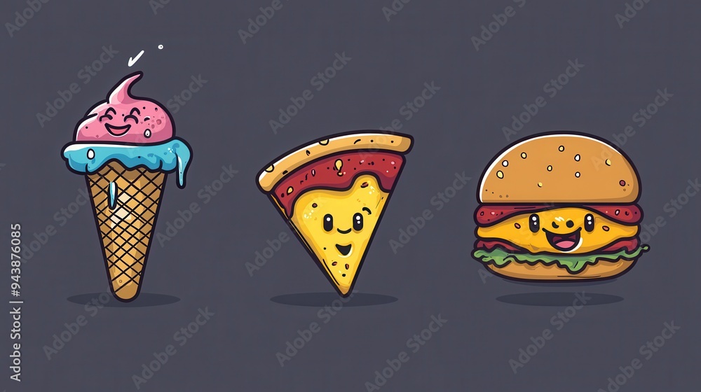 Delightful food icons showcase a happy ice cream cone, a cheerful slice ...