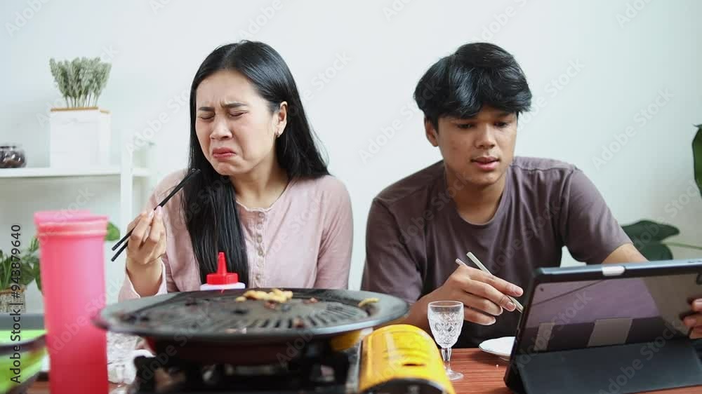 Asian Woman Suffering From Choke Or Choking During Eating Korean BBQ ...