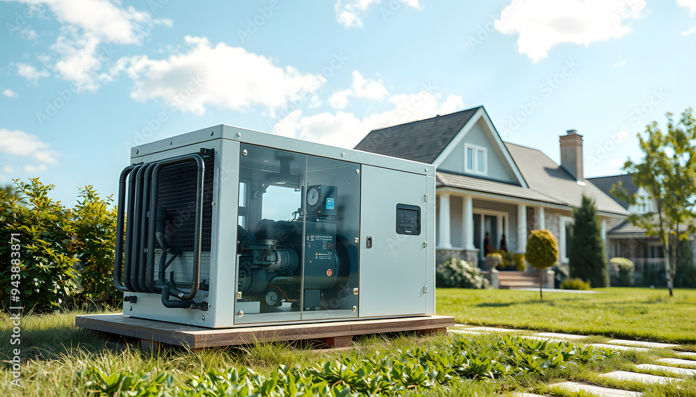 Hydrogen fuel cell power generator near residential house, clean energy ...