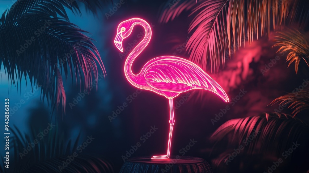 Glowing neon flamingo sculpture against a dark tropical night sky, with ...