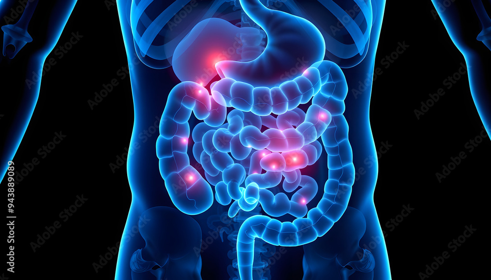 3d x-ray blue medical anatomy of stomach and bowel organs. Digestive ...