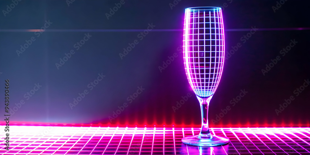 Neon glowing grid forming a champagne flute concept as A neon glowing ...