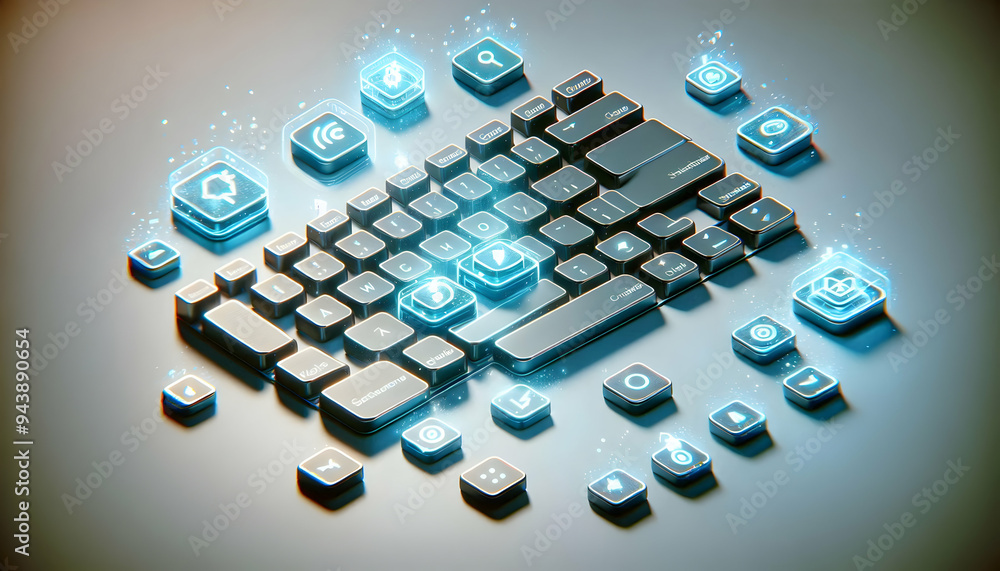 3D Keyboard with holographic shortcuts floating above keys concept as A ...