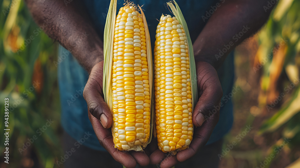 unas manos de un hombre agricultor sosteniendo su cosecha de elote ...