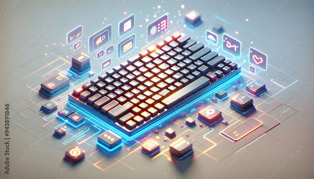 3D Keyboard with holographic shortcuts floating above keys concept as A ...