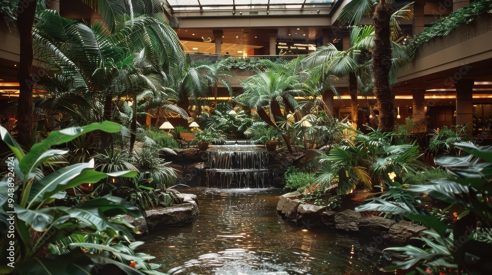 Serene Oasis in a Hotel Lobby - A Close-up of a Tropical Atrium with ...