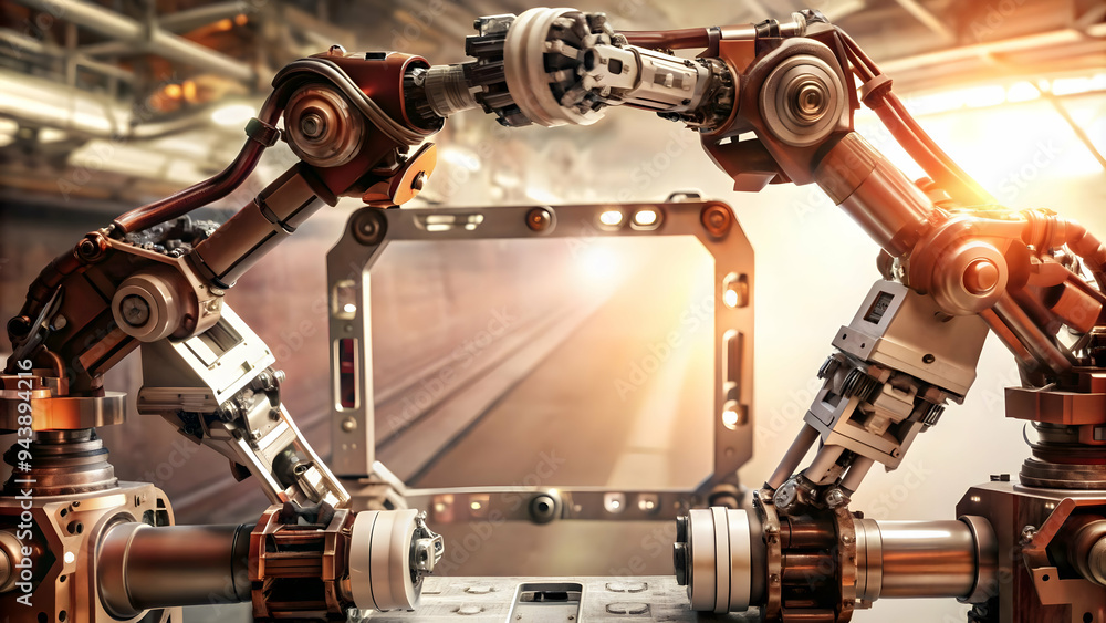 3D Robotic arm border with futuristic tools framing copy space concept ...