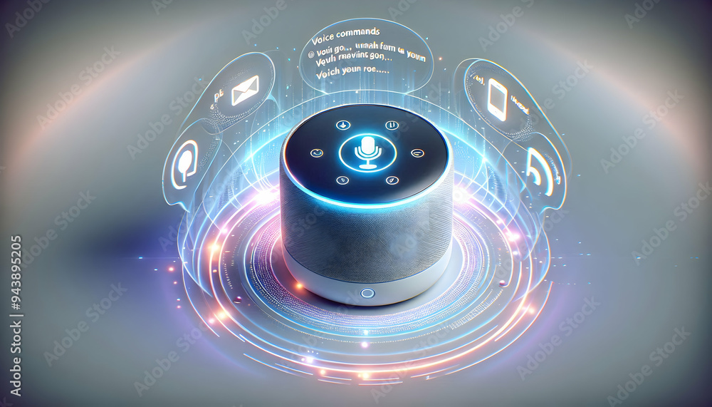 3D Smart home speaker with holographic voice commands floating concept as A smart home speaker ...