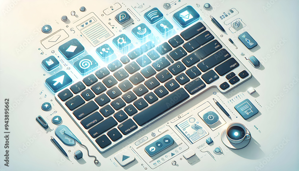 Flat Keyboard with holographic shortcuts floating above keys concept as ...