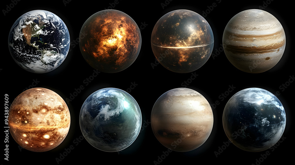 Eight planets with different colors and textures on a black background ...